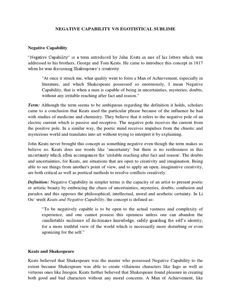 Negative Capability V/S Egotistical Sublime | PDF | John Keats ...