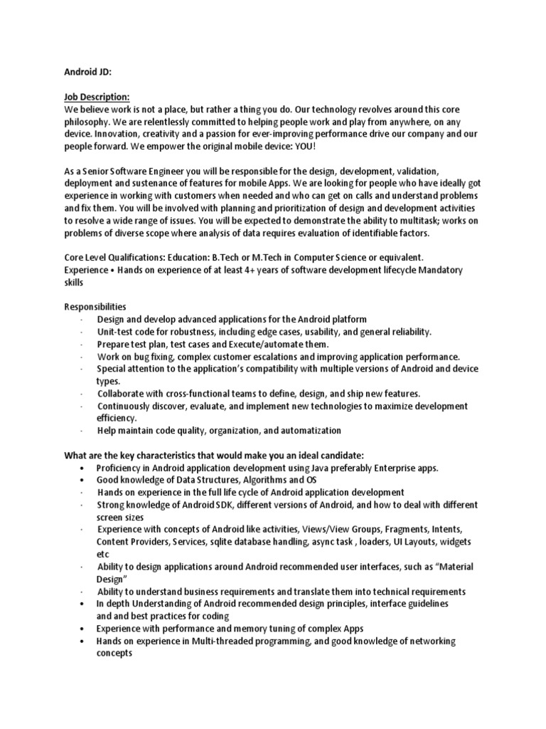 Android JD: Job Description | PDF | Android (Operating System ...