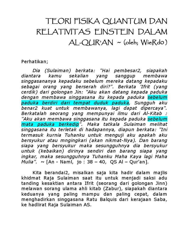 Teori Fisika Quantum & Relativitas Einstein Dalam Al-Qur'an PDF | PDF