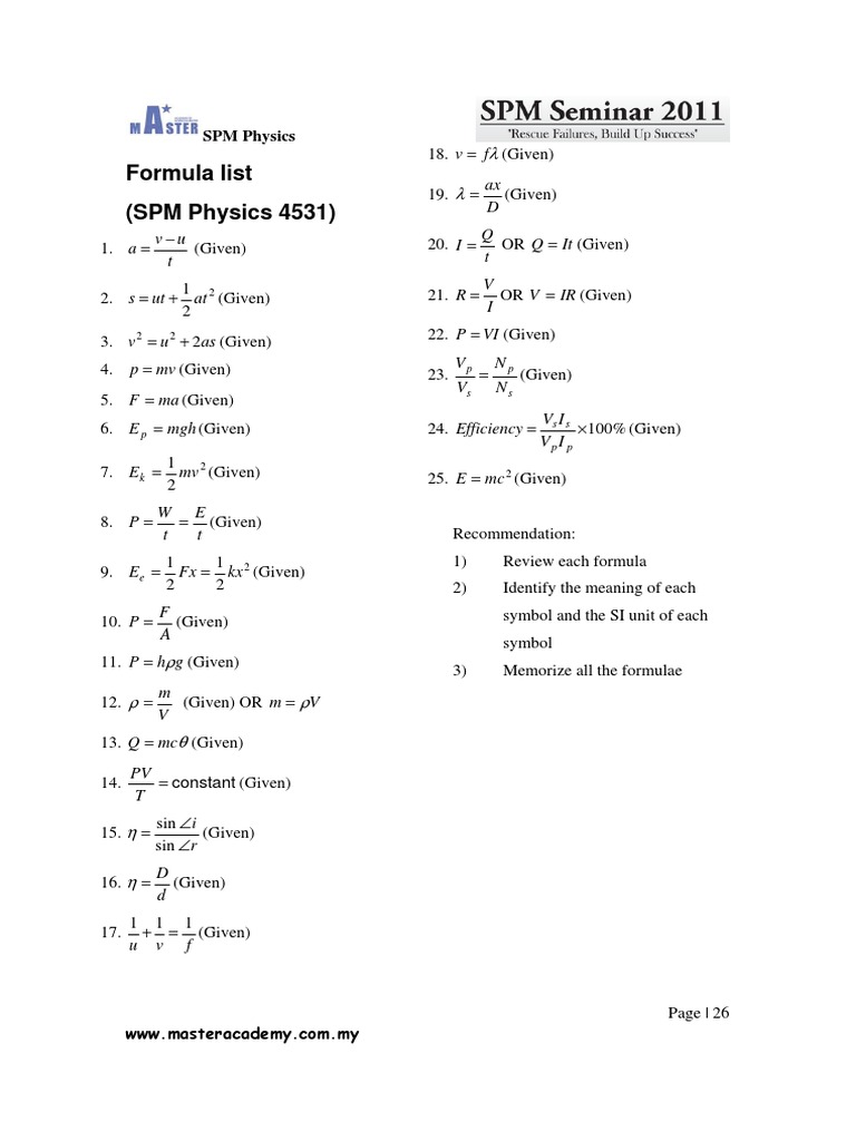 Formula List Physic SPM PDF | PDF