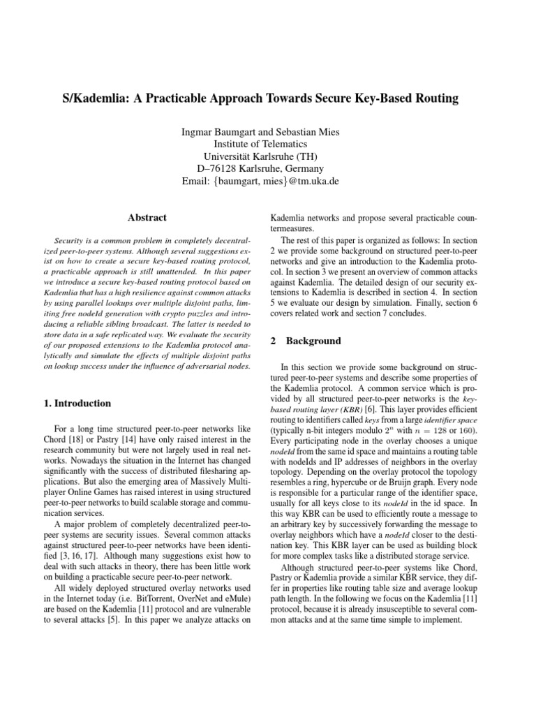Kademlia A Practicable Approach Towards Secure Key Based Routing Pdf