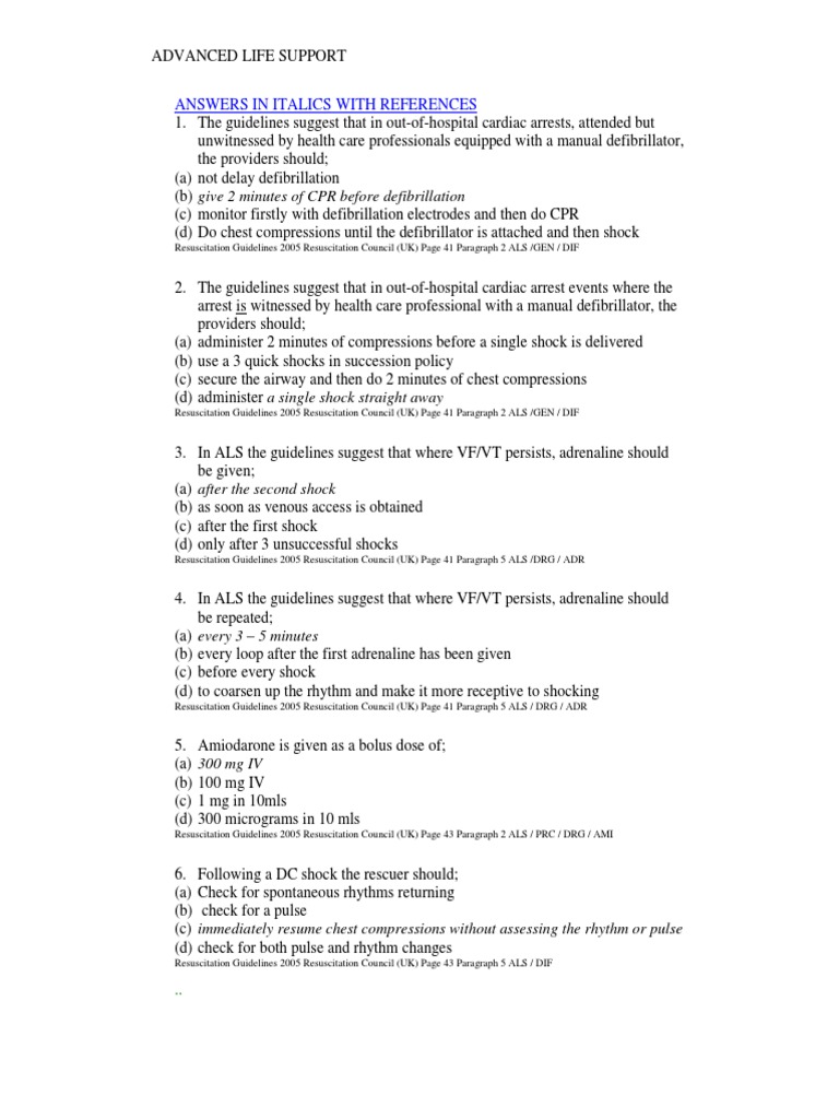 Advanced Life Support Questions - Answers Paper | Cardiopulmonary ...