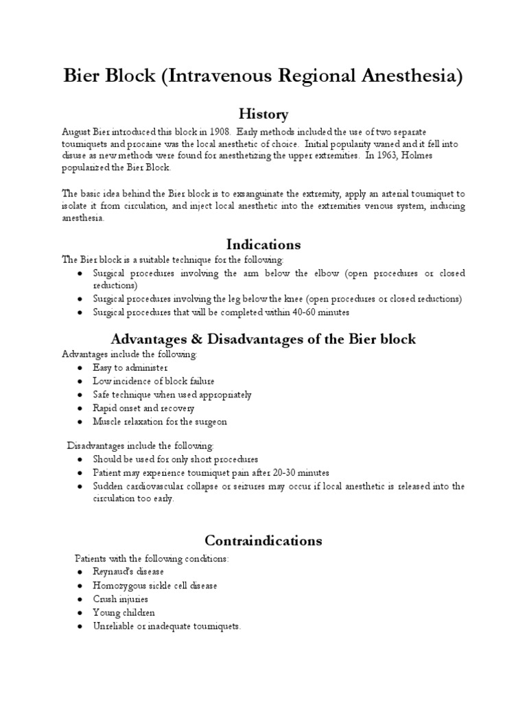 Bier Block (Intravenous Regional Anesthesia), Handout PDF | PDF ...