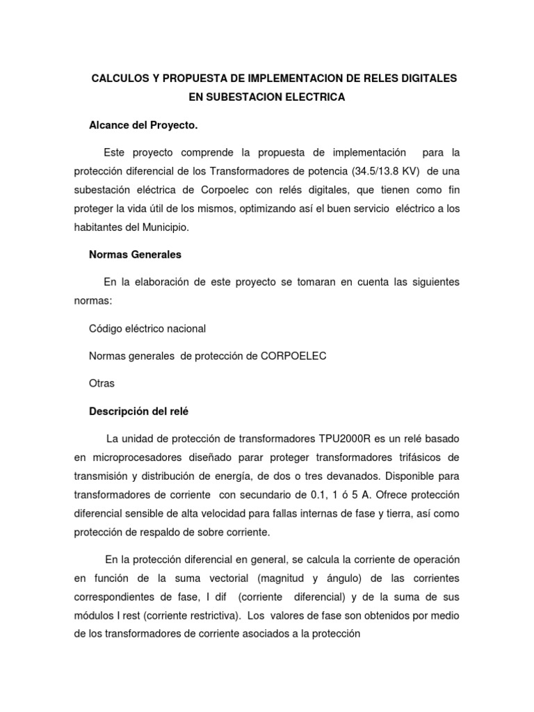 Propuesta Implementacion de Reles Digitales en Substacion Electrica ...