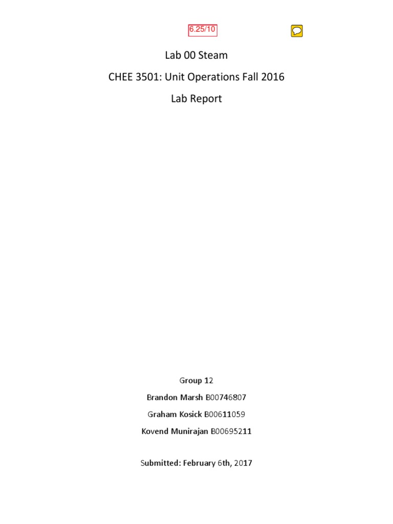 Lab 00 Steam CHEE 3501: Unit Operations Fall 2016 Lab Report | PDF ...