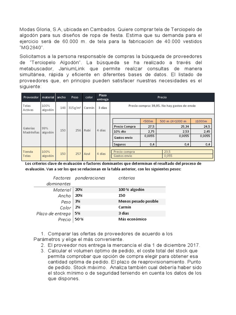 Enunciado Ejercicio Selección Proveedores - Gestión de Existencias, PA, VOP, PP | PDF | Euro ...