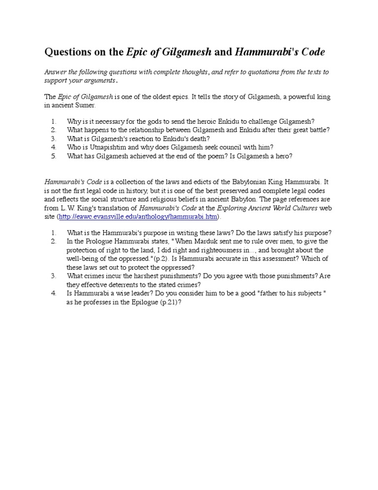 Questions On Gilgamesh and Hammurabi | PDF