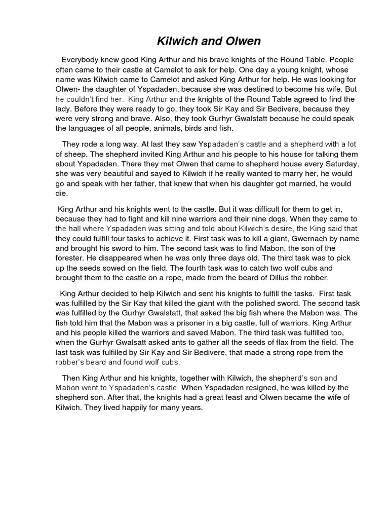 Kilwich and Olwen (The Legend of The King Arthur) | PDF | Welsh ...