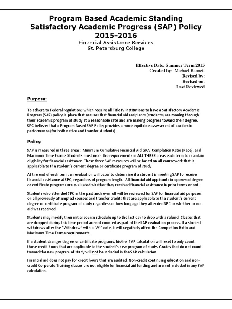 Program Based Academic Standing Satisfactory Academic Progress (SAP ...