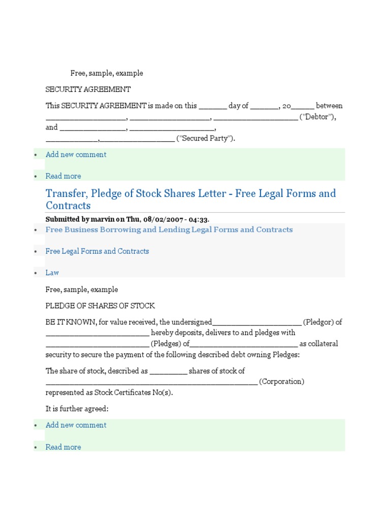 Transfer, Pledge of Stock Shares Letter - Free Legal Forms and ...