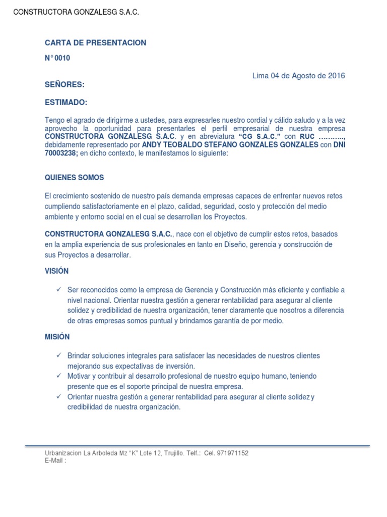 Carta de Presentacion Constructora Gonzalesg Sac | Descargar gratis PDF | Business | Negocios ...