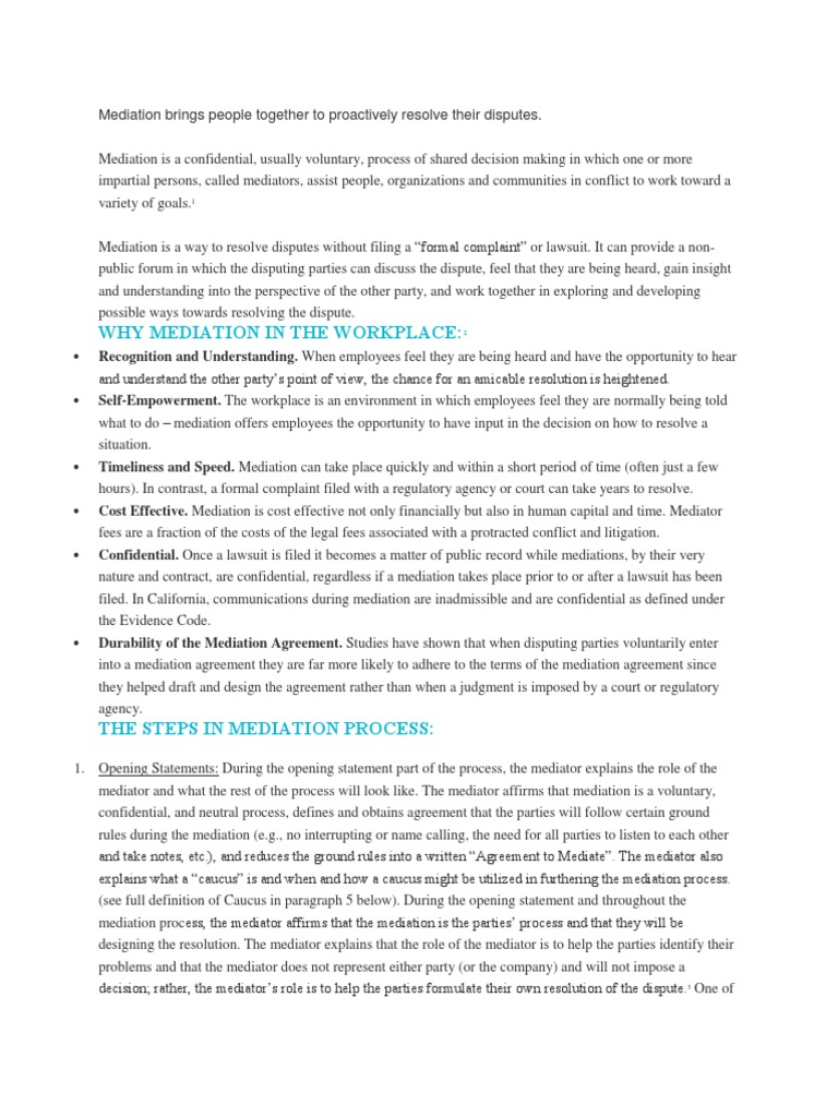 Why Mediation in The Workplace:: Mediation Brings People Together To ...