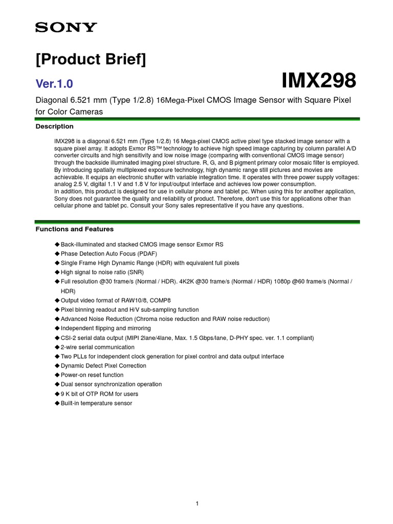 ProductBrief IMX298 20160210 PDF | PDF | High Dynamic Range Imaging | Pixel