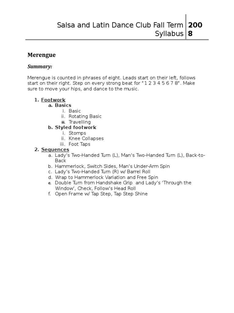 Fall Term Latin Dance Syllabus | PDF | Dances | Social Dance