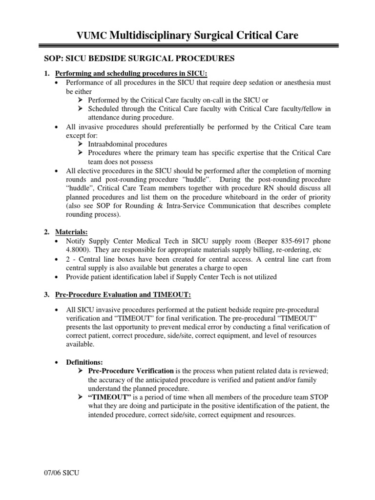 Sop Bedside Surgical Procedures | PDF | Intensive Care Medicine | Surgery