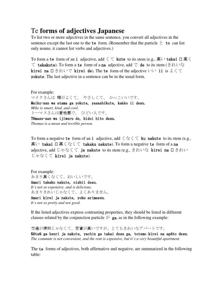 Te Forms of Adjectives Japanese | PDF | Language Arts & Discipline