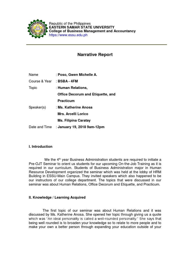 Narrative Report Pre-OJT | PDF | Body Language | Etiquette