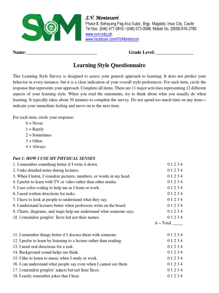 Learning Style Questionnaire | PDF | Learning Styles | Memory