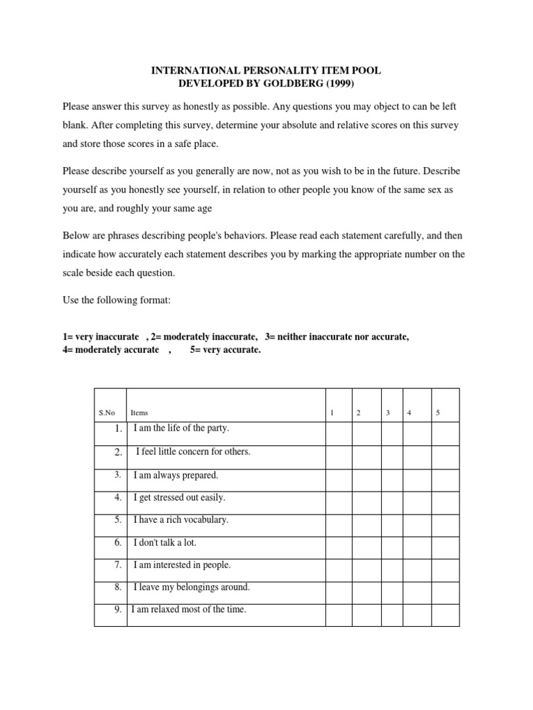 International Personality Item Pool (English) | PDF | Psychological ...