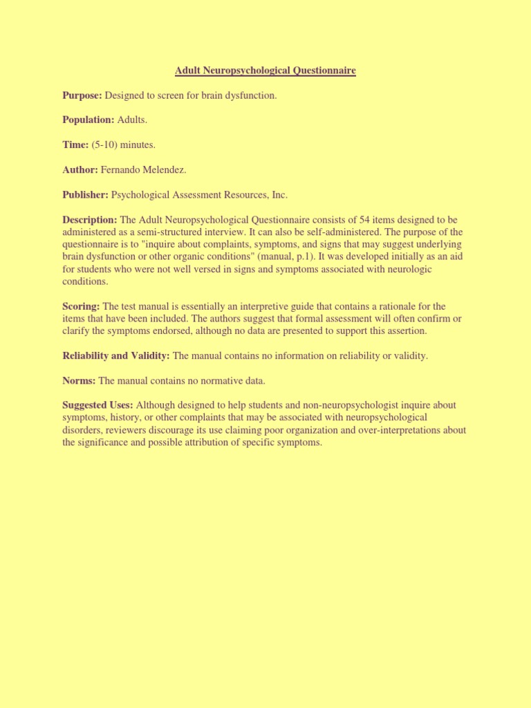 Adult Neurological Questionnaire | PDF