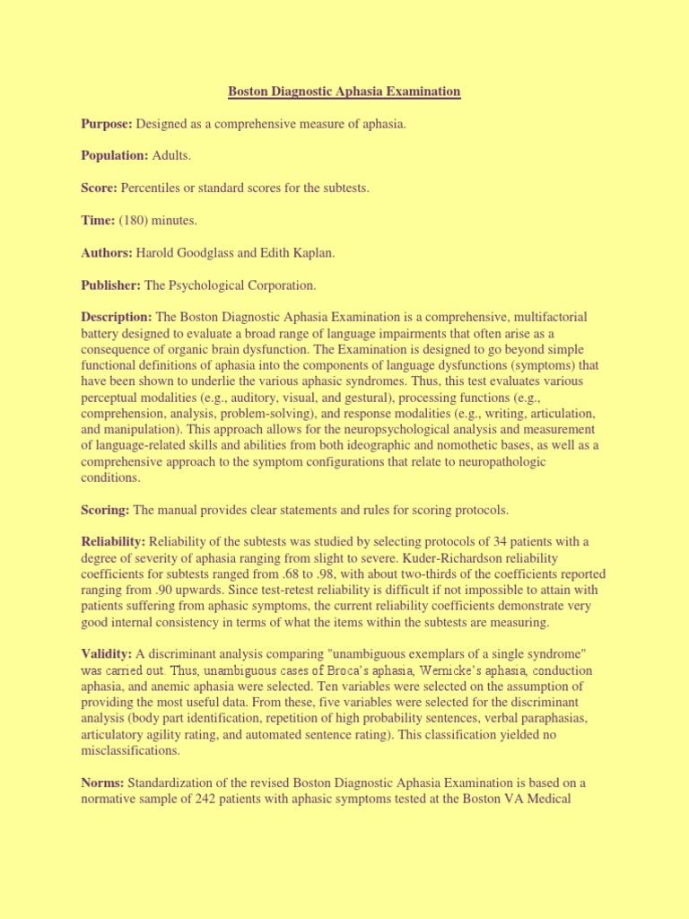 Boston Diagnostic Aphasia Examination | PDF | Abnormal Psychology ...