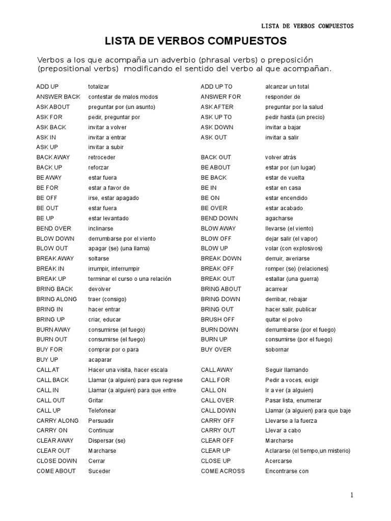 Lista de Verbos Compuestos | Sintaxis | Tipología Lingüística