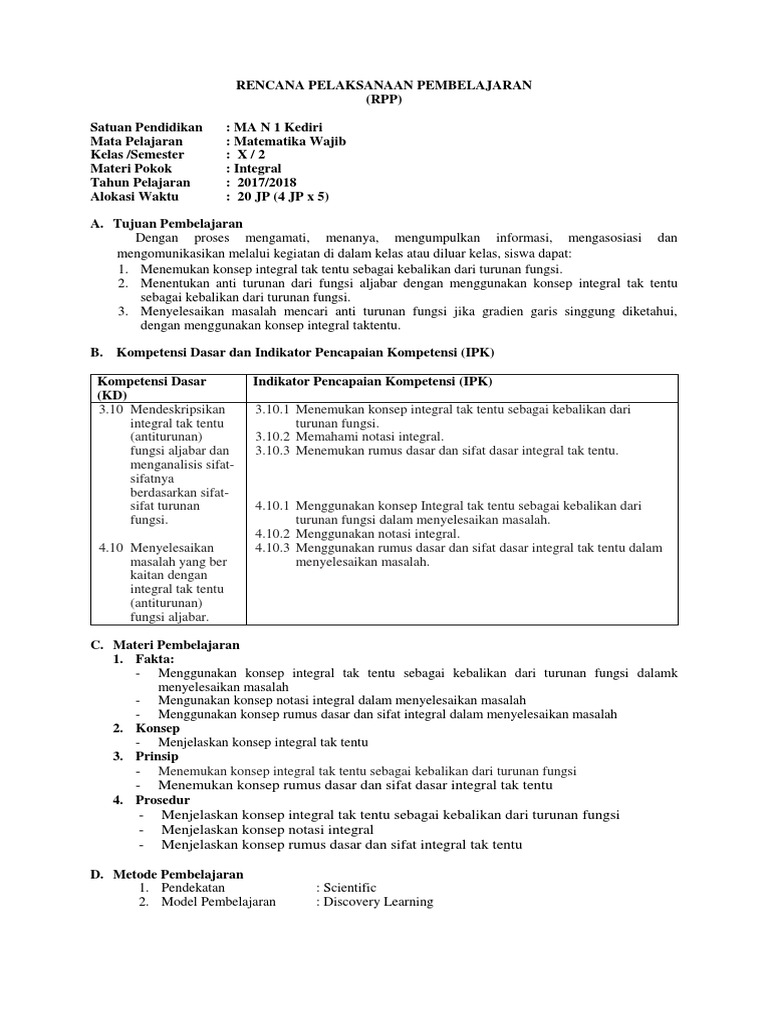 RPP Integral Kelas X MA Kediri | PDF | Metode & Bahan Ajar | Seni