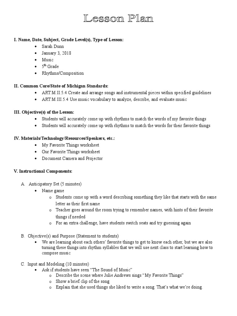 Introduction Lesson Plan | PDF | Rhythm | Lesson Plan