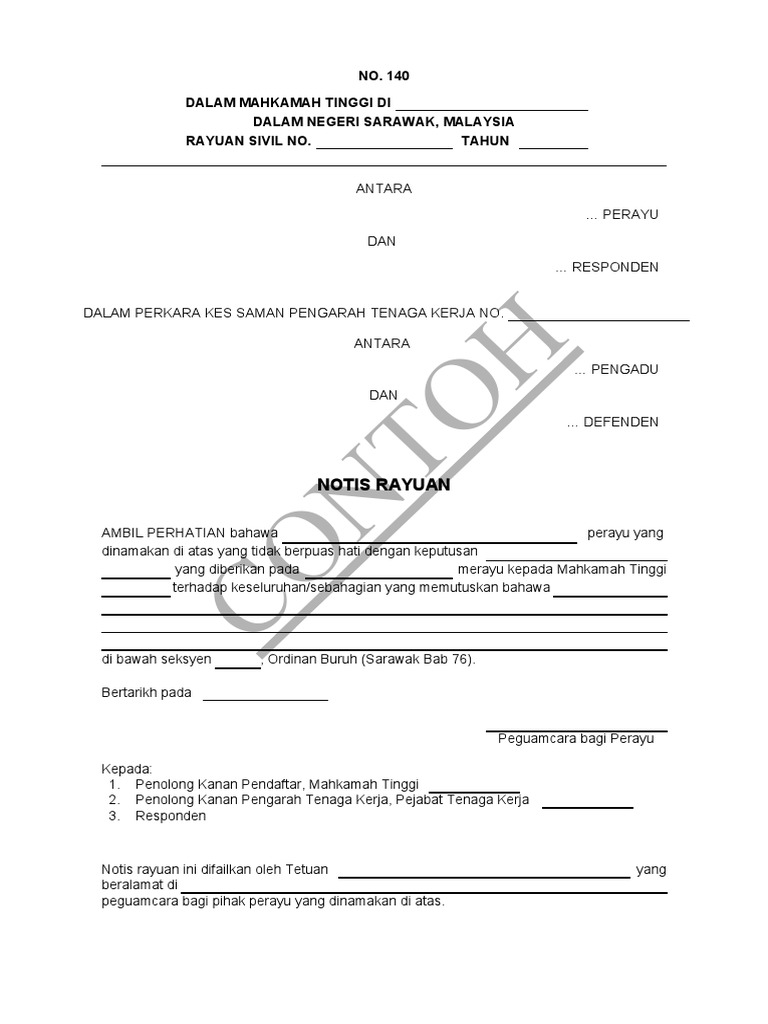Borang 140-Notis Rayuan Contoh | PDF