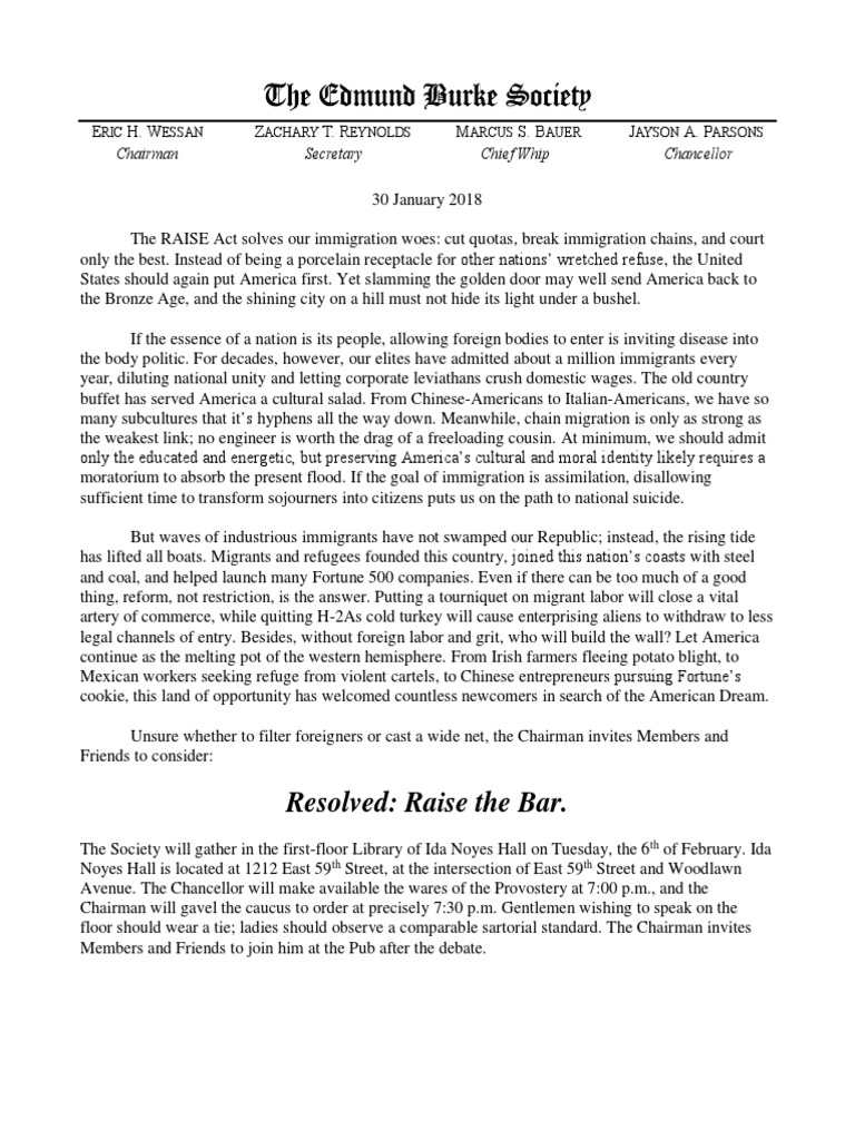 The Edmund Burke Society Debate Caucus 2-6-2018 | PDF | Immigration ... The Edmund Burke Society Debate Caucus 2-6-2018 | PDF | Immigration ...