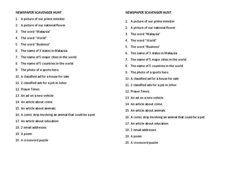 Newspaper Scavenger Hunt | PDF | Comics | Leisure