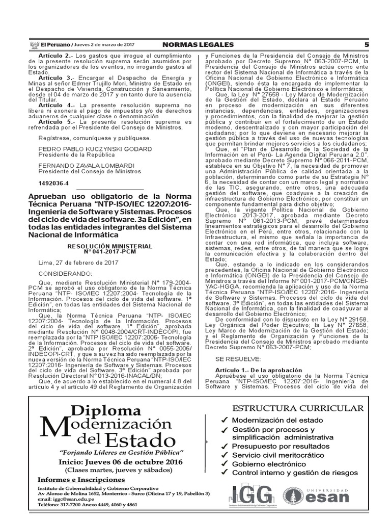 Aprueban Uso Obligatorio de La Norma Tecnica Peruana Ntp is Resolucion Ministerial n 041 2017 ...