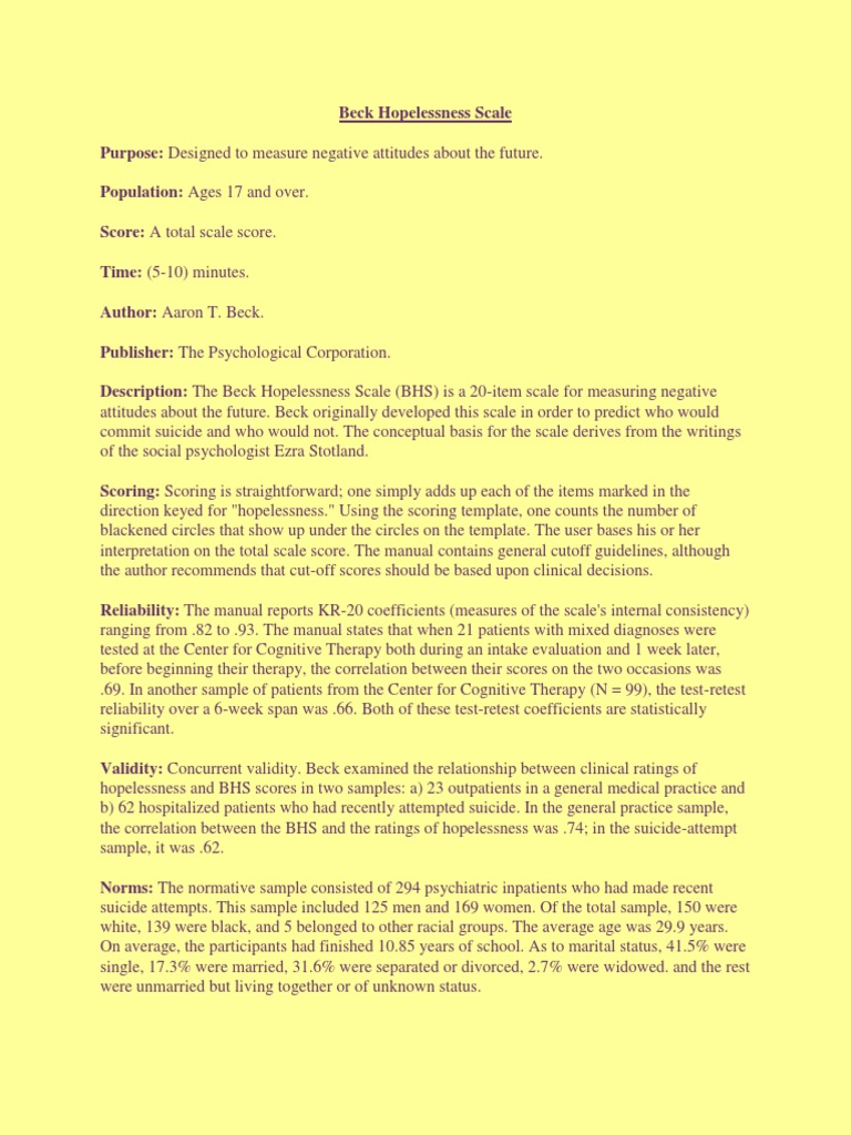 Beck Hopelessness Scale | PDF | Depression (Mood) | Validity (Statistics)