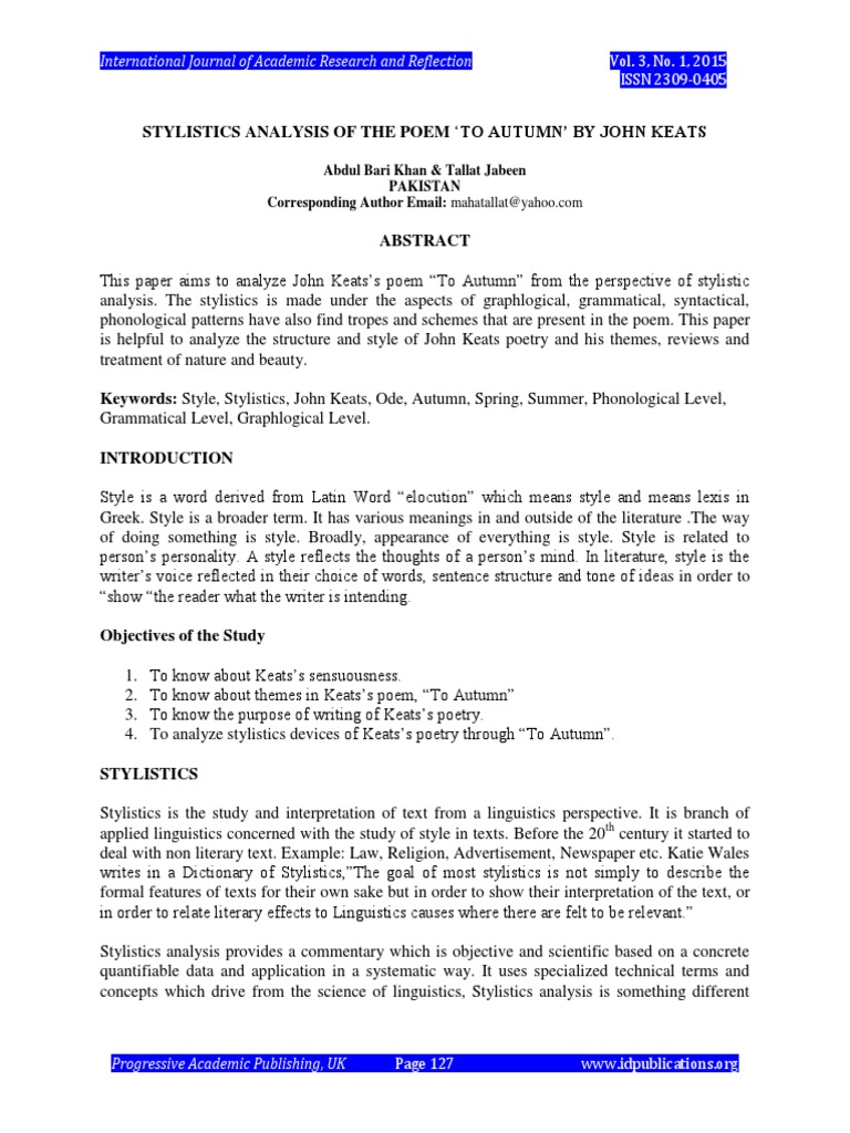 Stylistics Analysis of The Poem To Autumn' by John Keats PDF | PDF ...