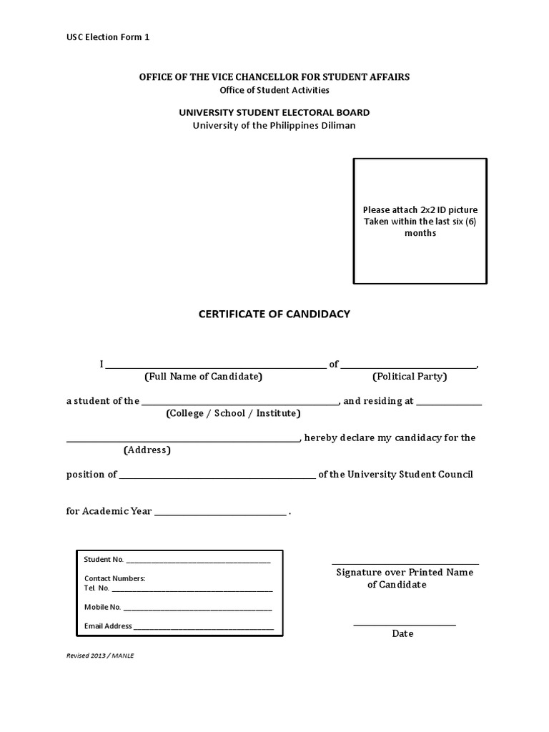USC Election Form: Certificate of Candidacy | PDF