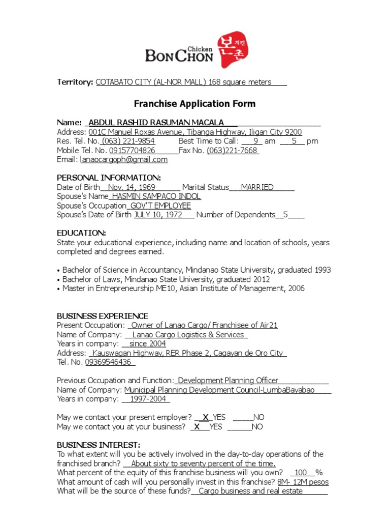 Bon Chon Franchise Application - Cotabato City | PDF | Franchising ...