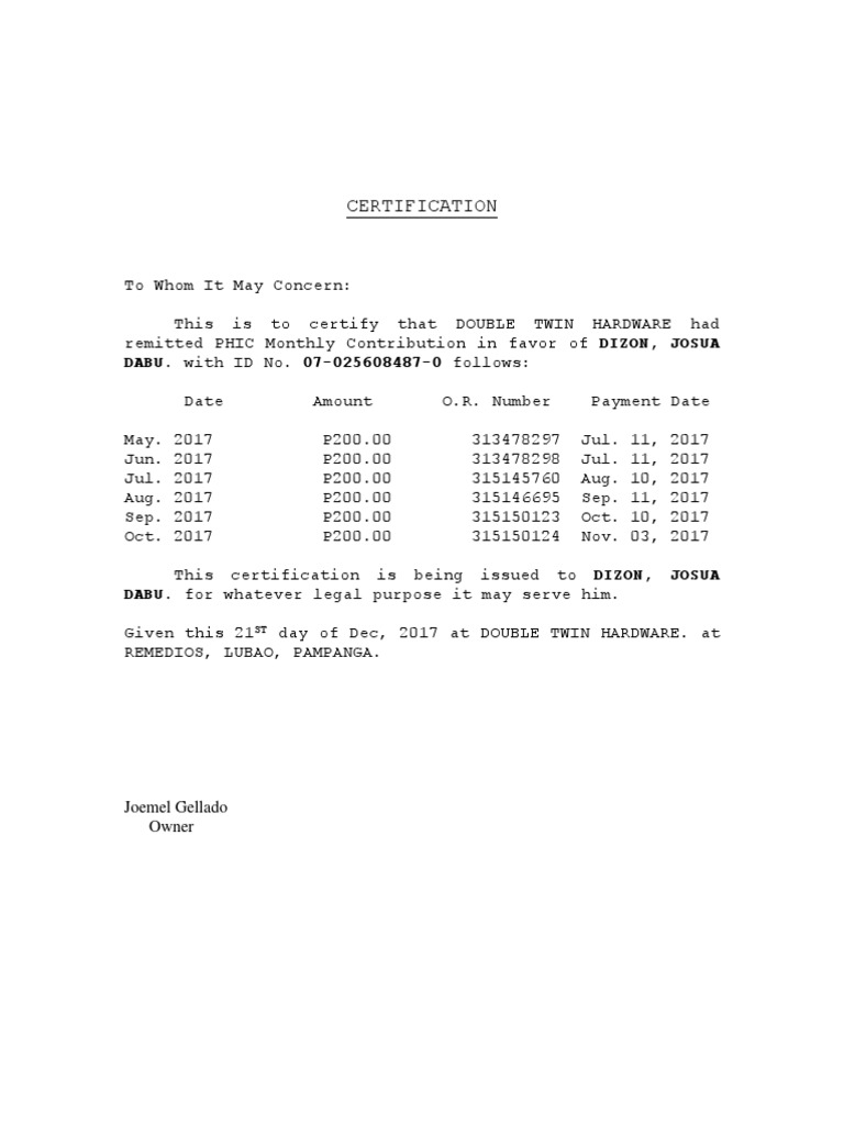 PHIC Contribution Certification for Dizon | PDF