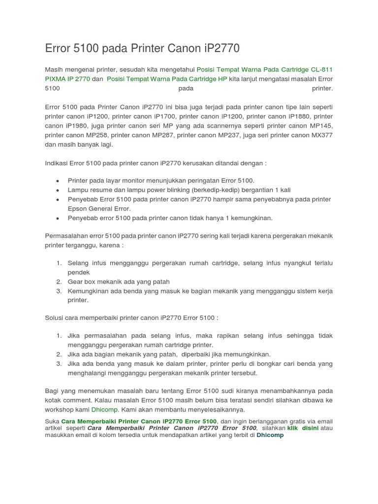 Error 5100 Pada Printer Canon IP2770 | PDF