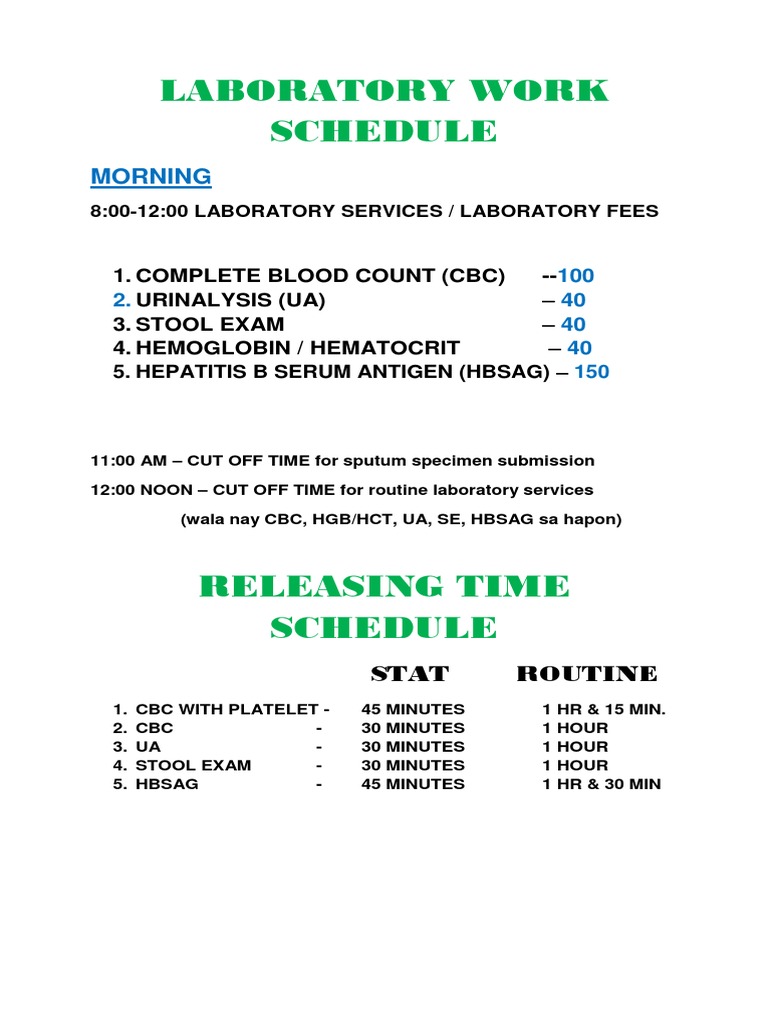 Laboratory Work Schedule: Morning | PDF | Immunology | Pathology