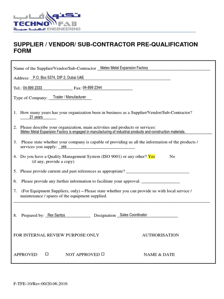 Supplier / Vendor/ Sub-Contractor Pre-Qualification Form | PDF