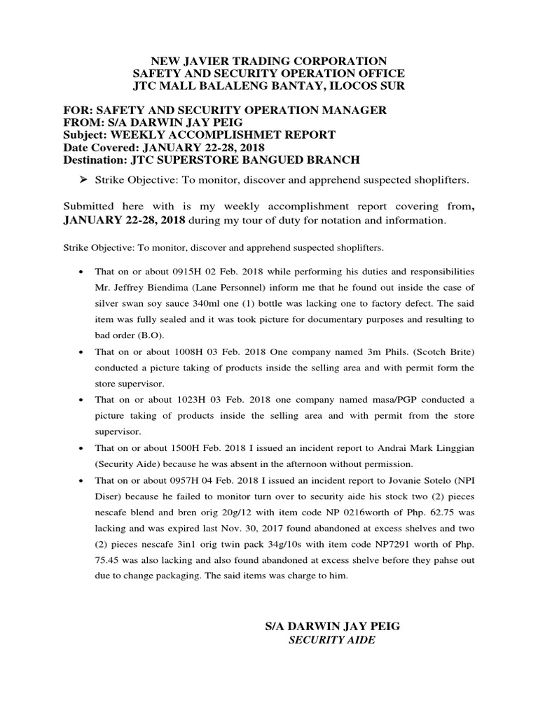 Weekly Security Report: JTC Mall | PDF | Property Crimes | Theft