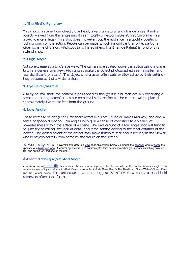 Camera Angles - Cinematography | PDF