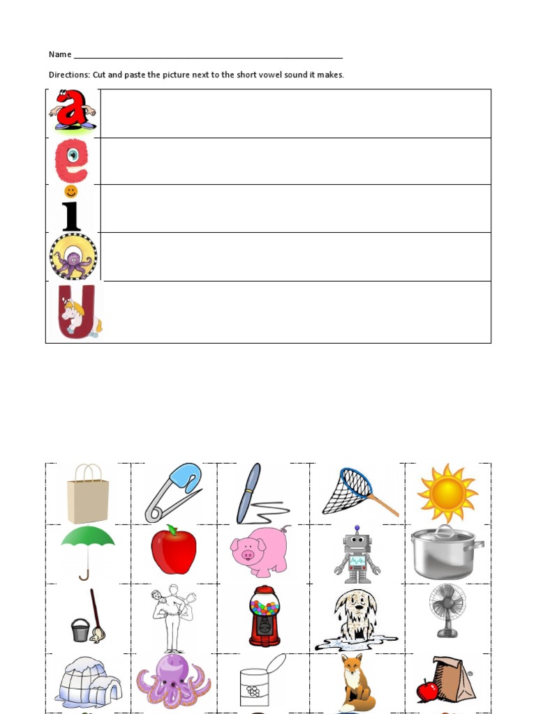 Short Vowel Sounds Cut and Paste Worksheet | PDF | Art