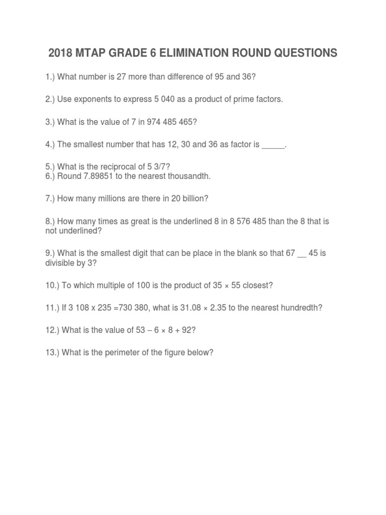 2018 Mtap Grade 6 Elimination Round Questions | PDF