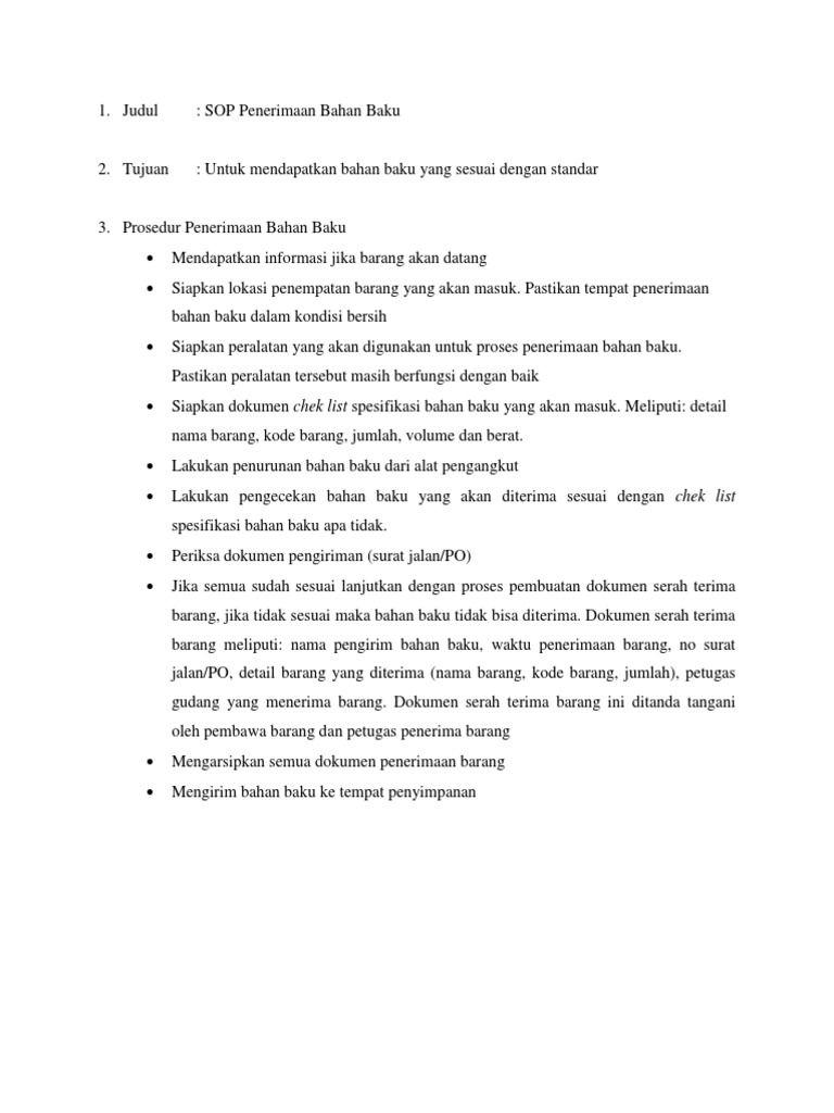 Sop Penerimaan Bahan Baku | PDF