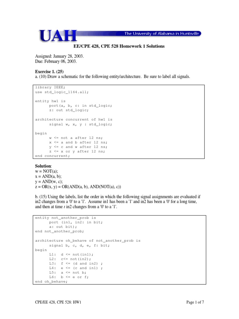 Solutions to Homework 1 on VHDL Concurrency, Signal Assignments, and Timing Analysis | PDF ...