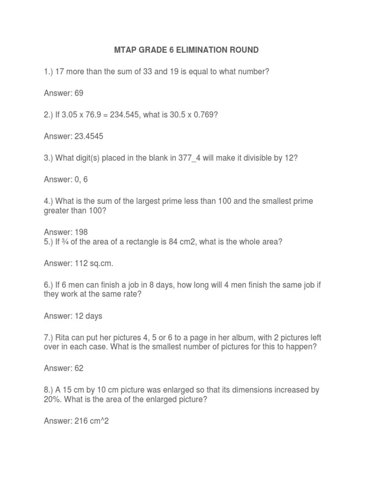 Mtap Grade 6 Elimination Round | PDF | Numbers | Elementary Geometry