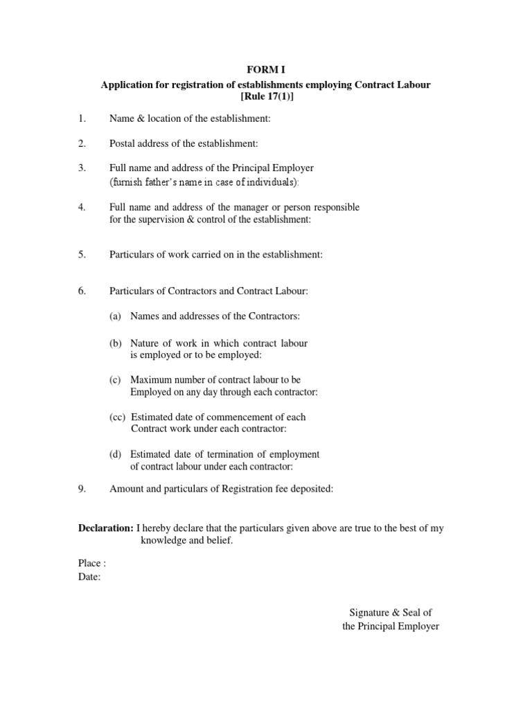 Contract Labour Registration Forms | PDF | Employment | Deposit Account