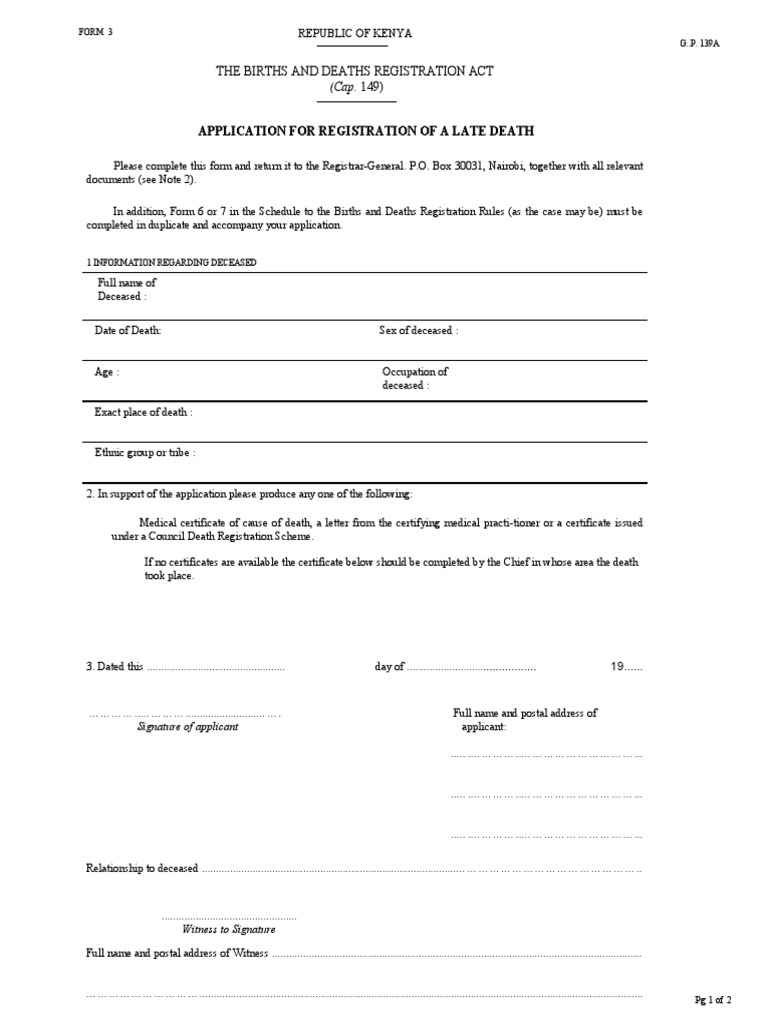 Late Death Registration Application Form | PDF | Birth Certificate ...