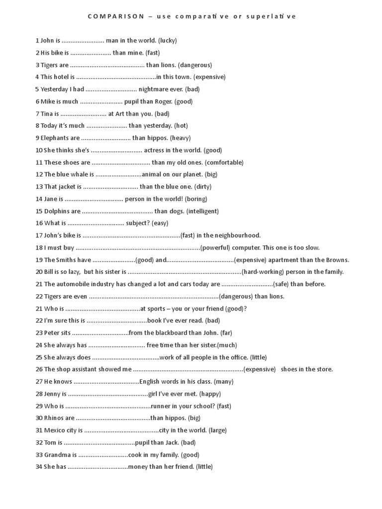 Comparative and Superlative Adjectives Worksheet | PDF